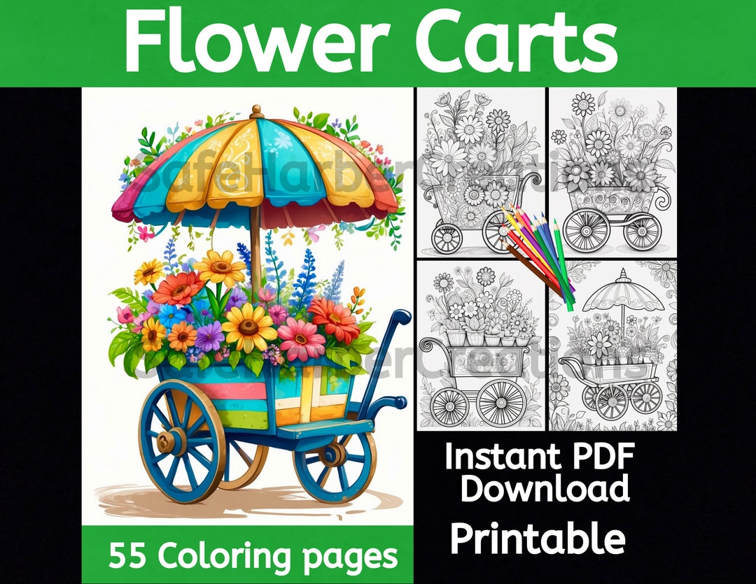Flower Carts Coloring Pages, 55 Beautiful Flower Carts, Instant ...