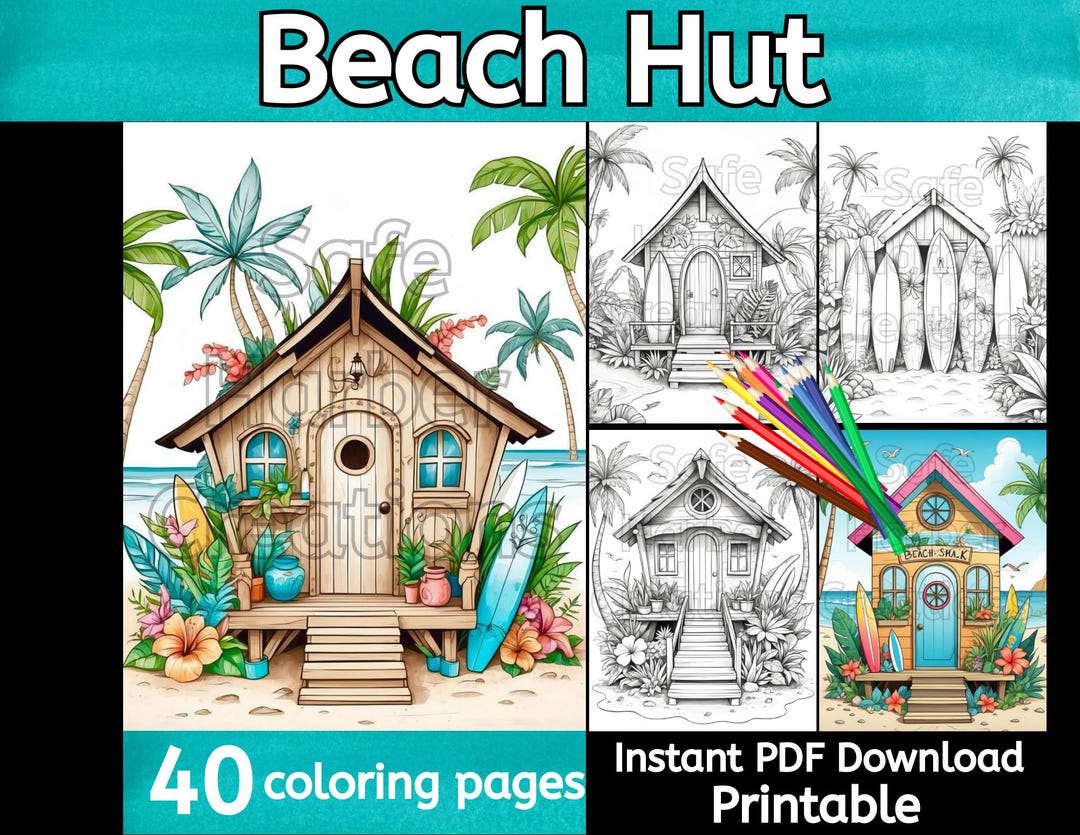 Beach Hut Coloring Pages, 40 Relaxing Beach Huts, Instant Download ...