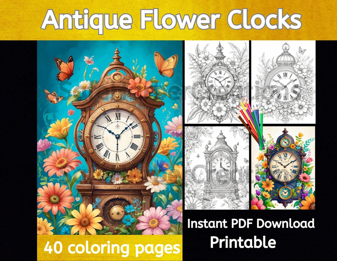 Antique Flower Clock Coloring Pages, 40 Pages, Instant Download ...