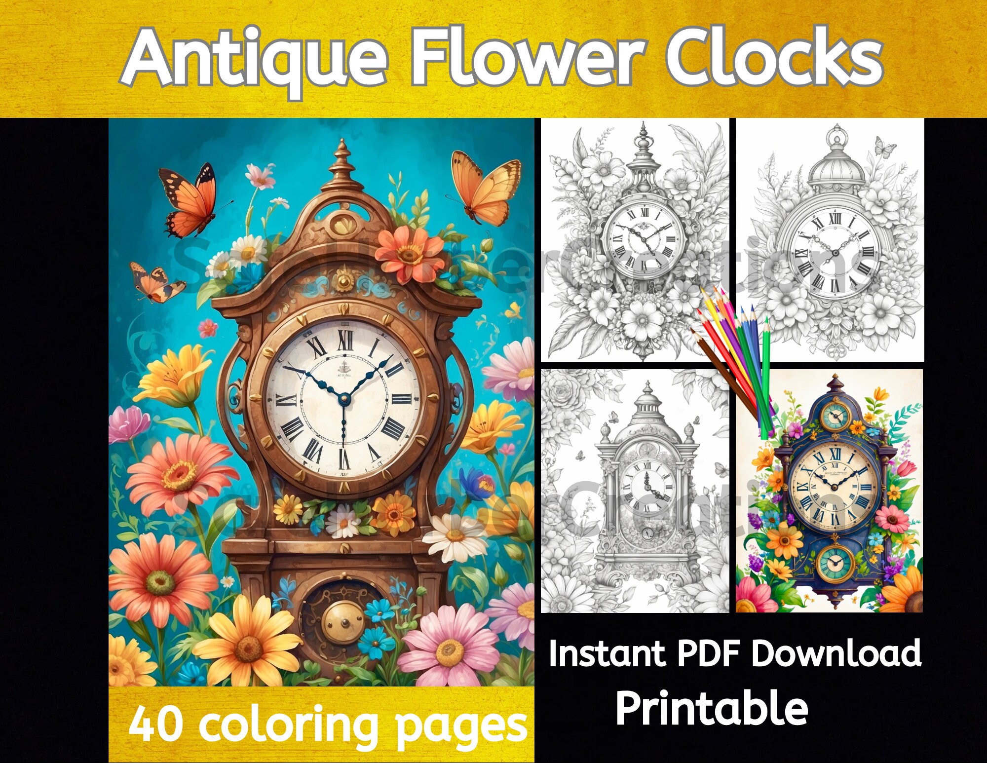 Antique Flower Clock Coloring Pages, 40 Pages, Instant Download ...
