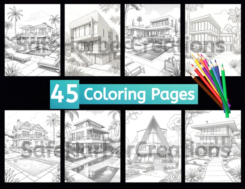 Modern Houses 2 Coloring Pages.45 Images, Instant Download, Printable ...