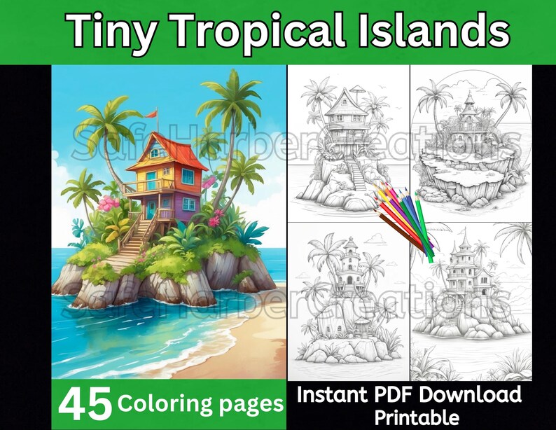 Tiny Tropical Island Coloring Pages, Instant Download, Printable, Ocean ...