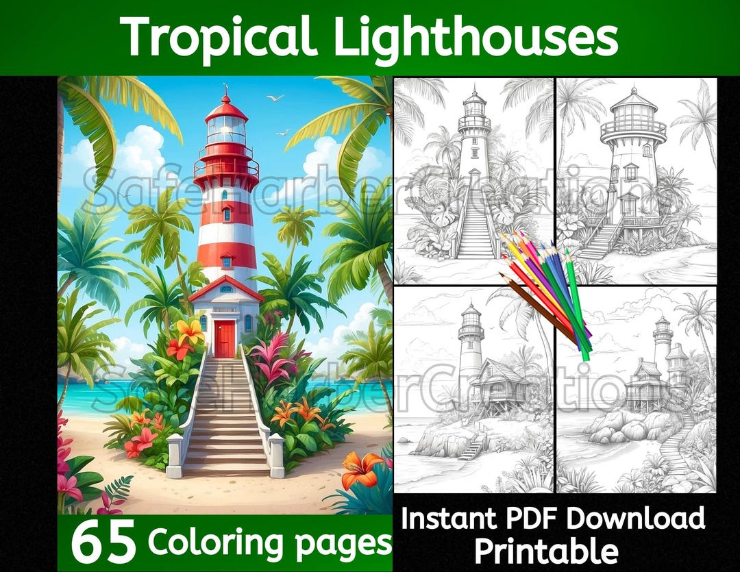 Tropical Lighthouse Coloring Pages, 65 Images, Instant Download ...