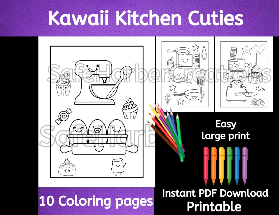 Kawaii Kitchen Cuties, 10 Pages, Instant Download, Printable, Easy Bold ...