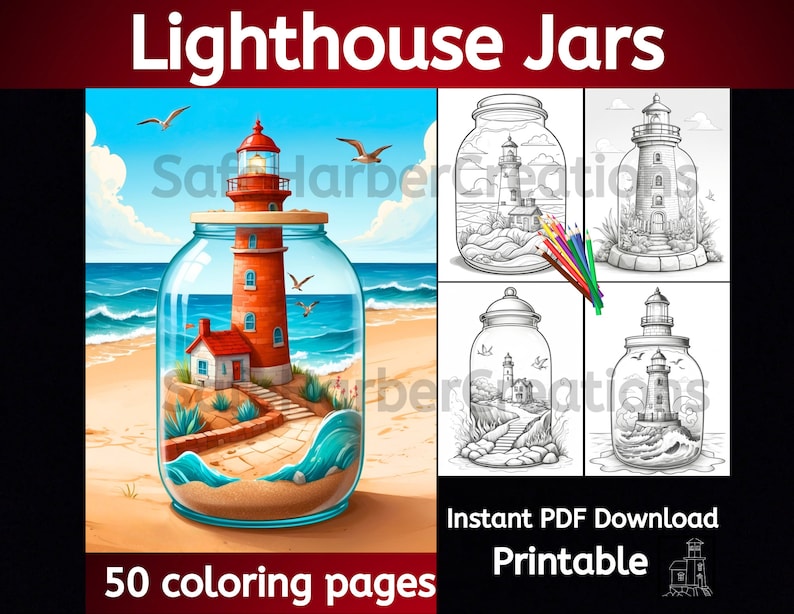 Lighthouse Jar Coloring Pages, 50 Pages, Instant Download, Printable, Lighthouse Coloring, Jar ...
