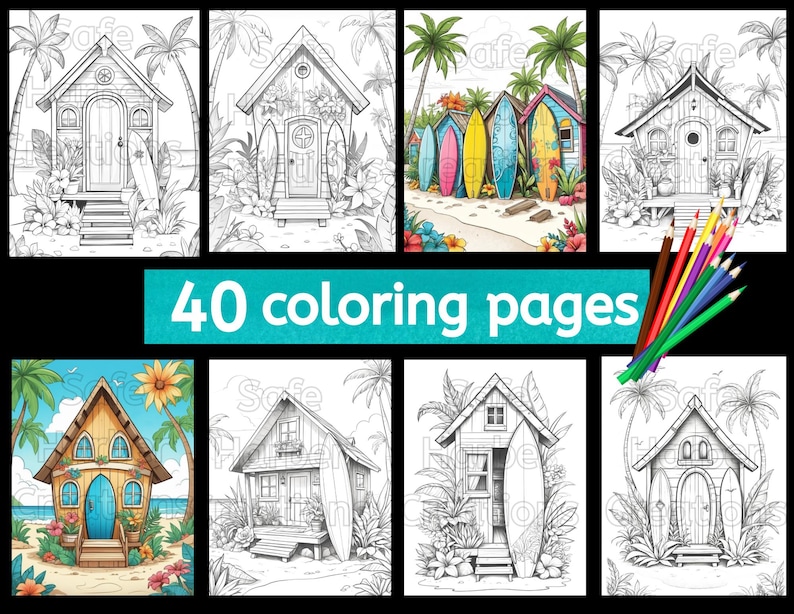 Beach Hut Coloring Pages, 40 Relaxing Beach Huts, Instant Download ...