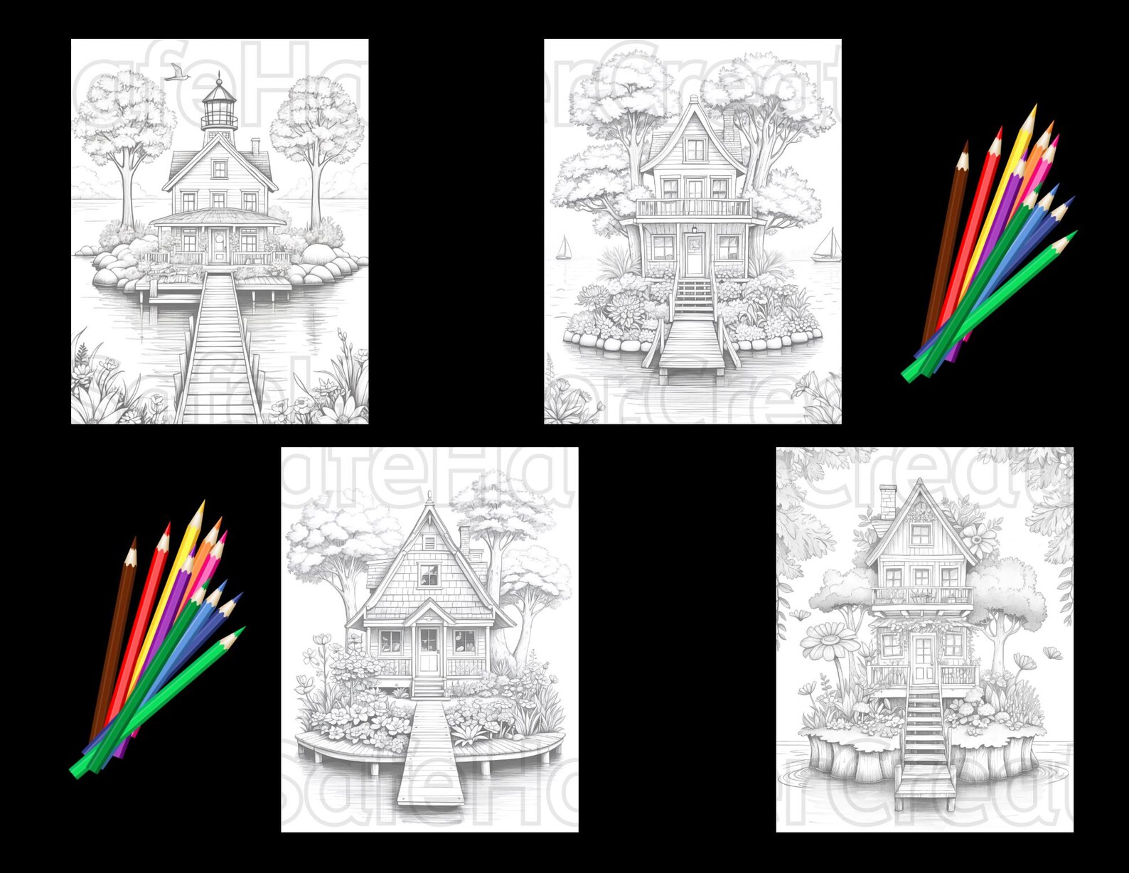 Lake Cottage Coloring Pages, 50 Whimsical Pages, Lake House Coloring ...