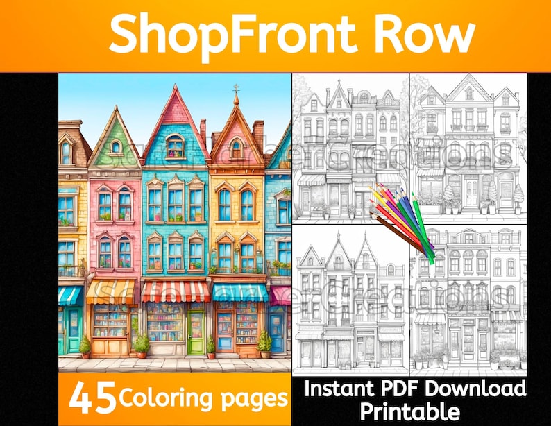 Shopfront Row Coloring Pages, 45 Images, Instant Download, House ...