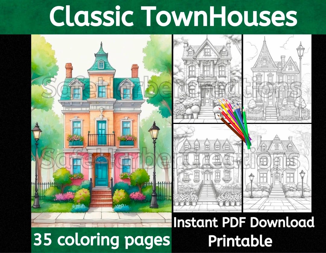 Classic Townhouse Coloring Pages, Instant Download, Printable, House ...