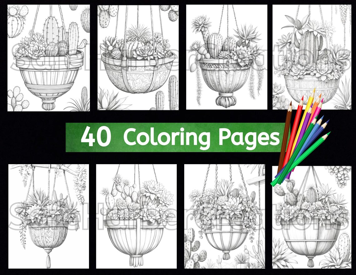 Cactus Hanging Basket Coloring Pages, Instant Download, Printable ...