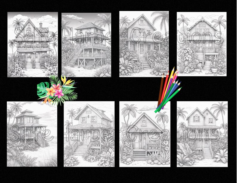 Tropical Beach House Coloring Pages, 20 Images, Instant Download ...