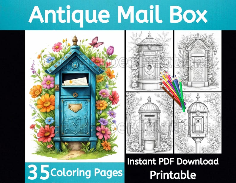 Antique Mail Box Coloring Pages, Instant Download, Printable, Vintage ...