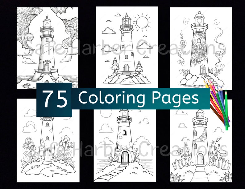 Whimsical Lighthouses, 75 Fun Coloring Pages, Instant Download ...