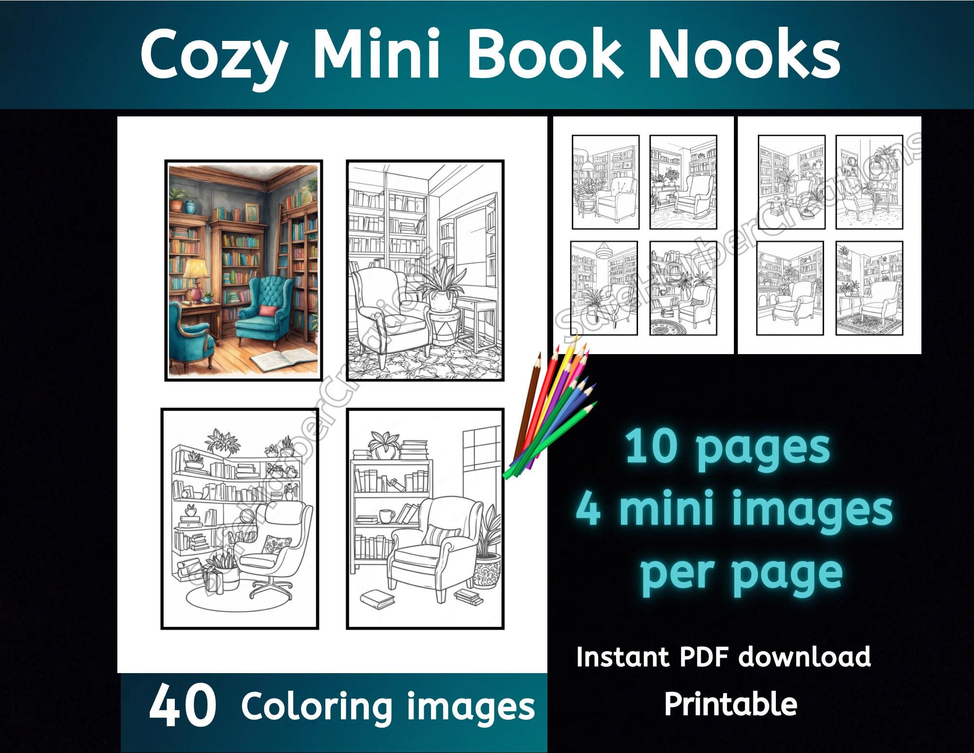 Mini Cozy Book Nook Coloring Pages, 10 Pages/40 Images, Instant PDF ...