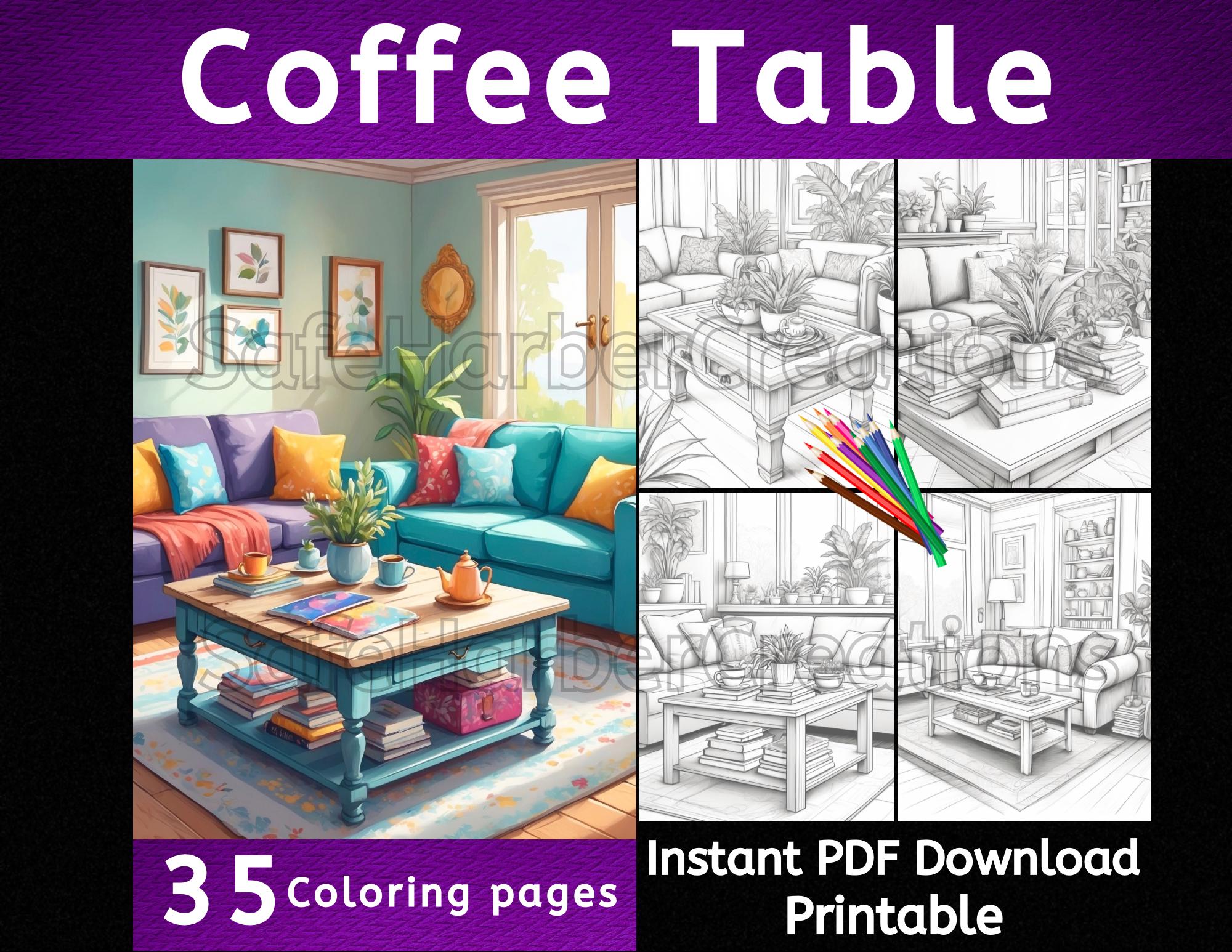 Coffee Table Coloring Pages, Instant Download, Printable, Greyscale ...