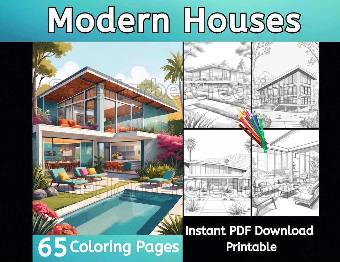 Modern House Coloring Pages, 65 Pages, Instant Download, Printable ...