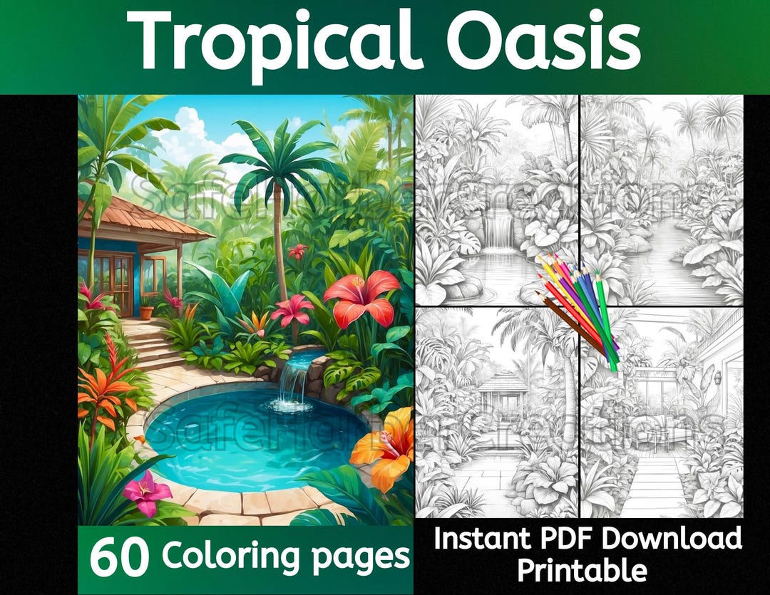 Tropical Oasis Coloring Pages, Instant Download, Printable, Tropical ...