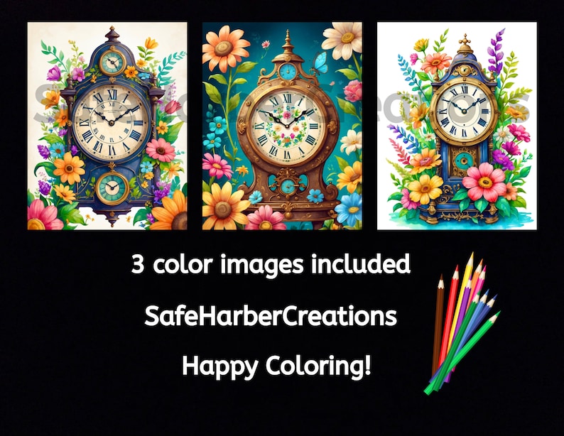 Antique Flower Clock Coloring Pages, 40 Pages, Instant Download ...