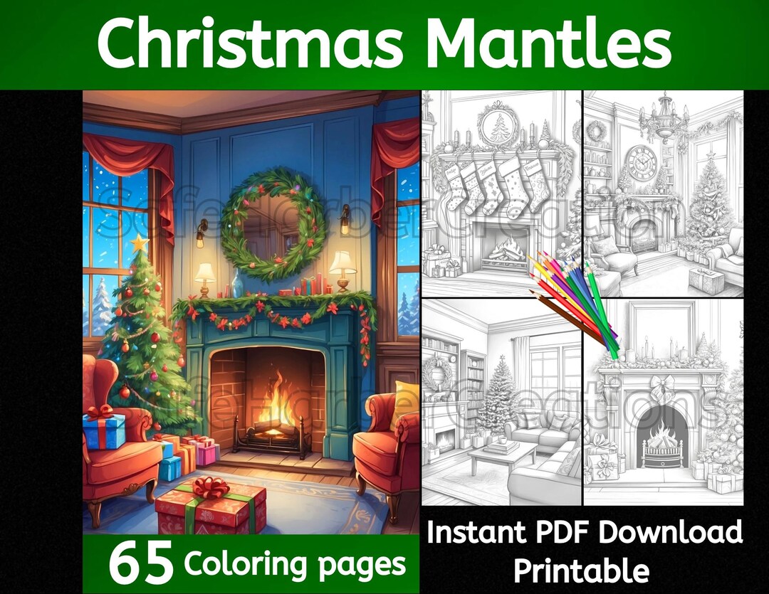 Christmas Mantle Coloring Pages, Instant Download, Printable, Christmas ...