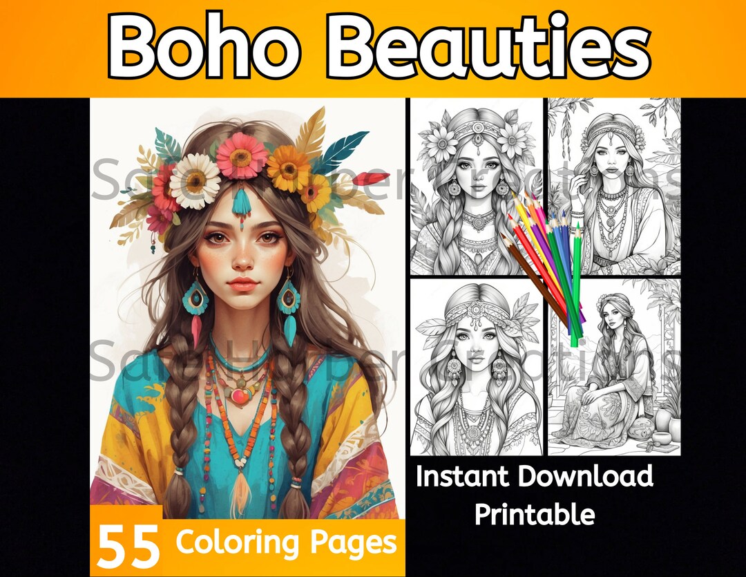 Boho Beauties Coloring Pages, 55 Pages, Instant Download, Printable ...