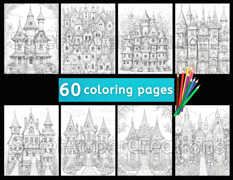 Turret House Design Coloring Pages, Instant Download, Printable, House ...