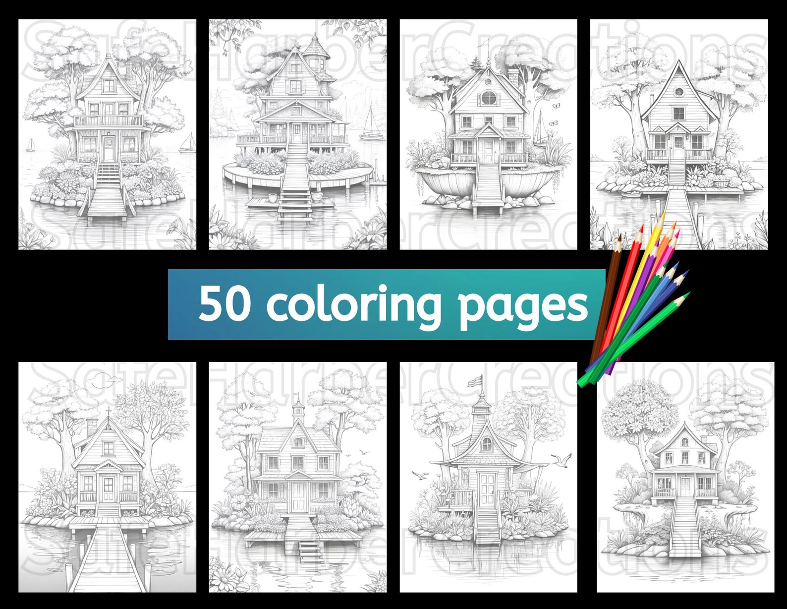 Lake Cottage Coloring Pages, 50 Whimsical Pages, Lake House Coloring ...