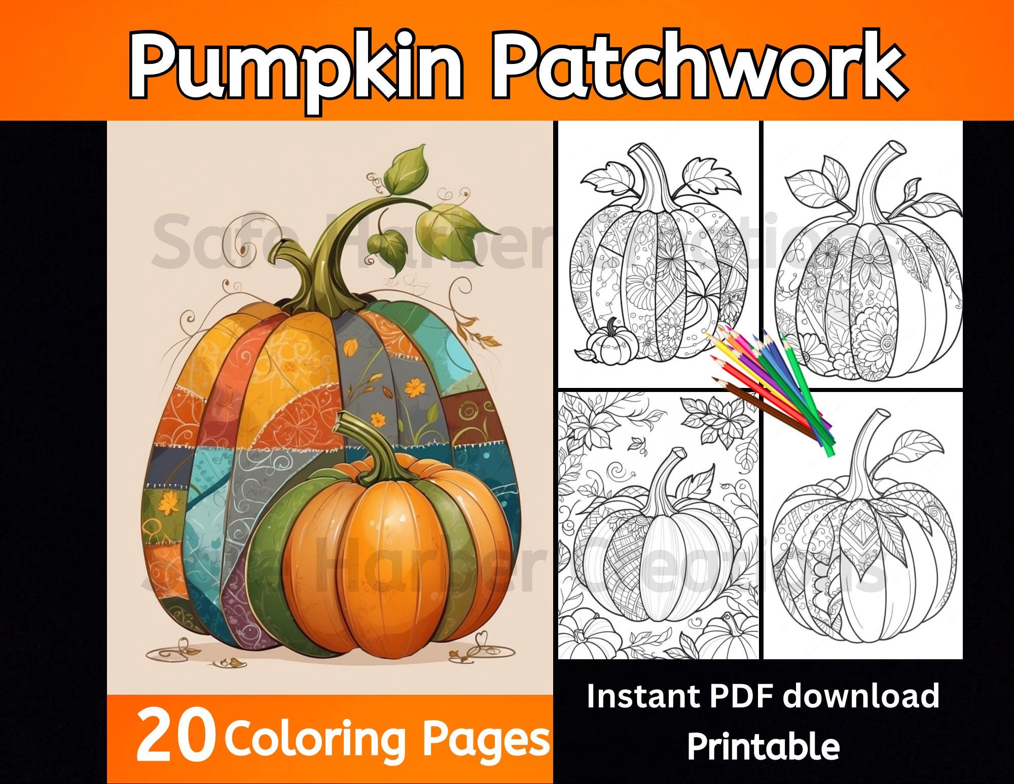 Pumpkin Patchwork Coloring Pages, 20 Images, Instant Download ...