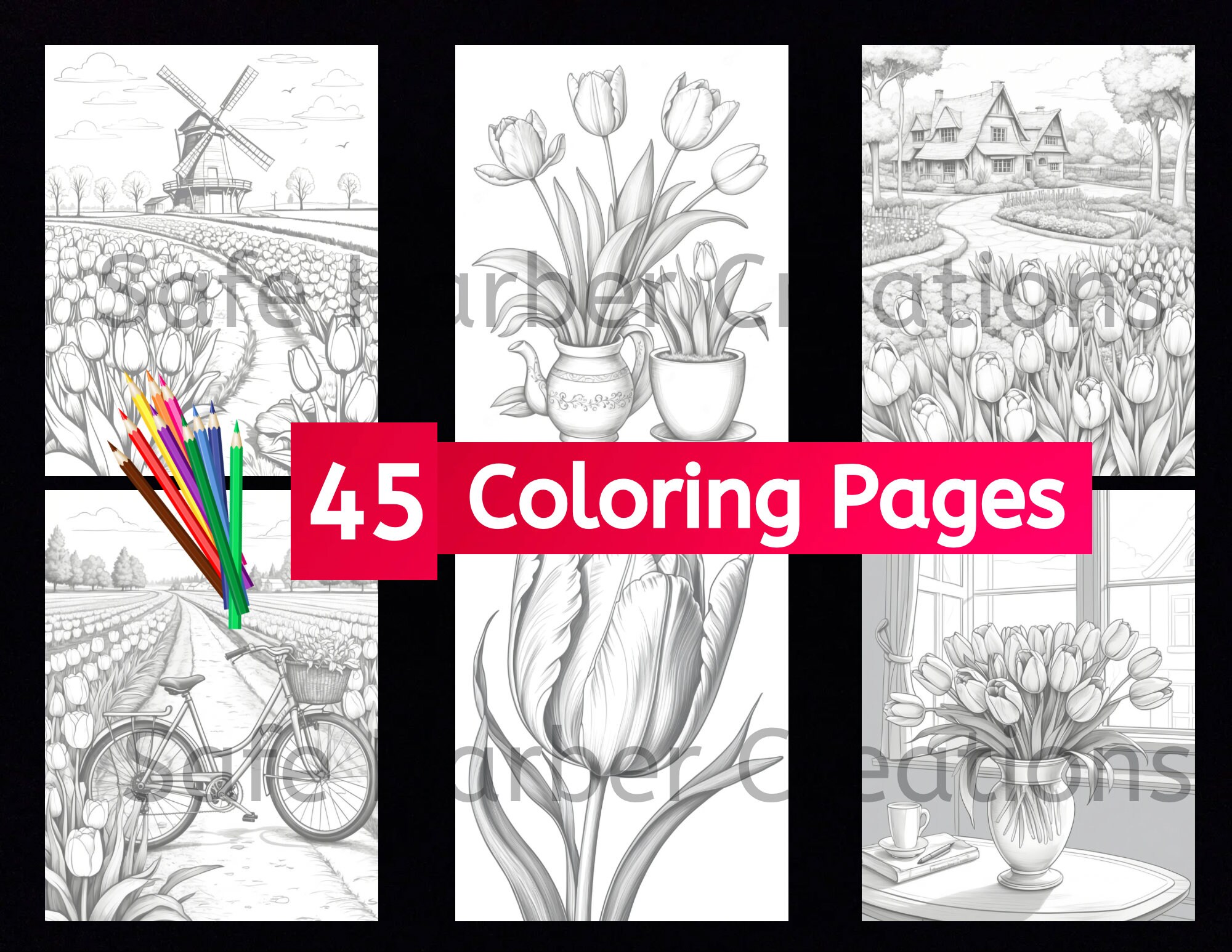 Tulip Time Coloring Pages, 45 Unique Images, Instant Download ...