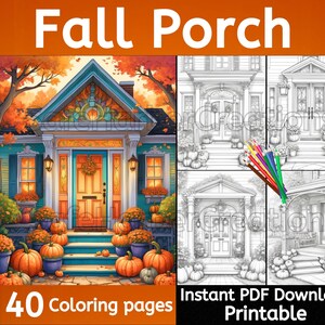 Fall Porch Coloring Pages, Instant Download, Printable, Fall Coloring ...