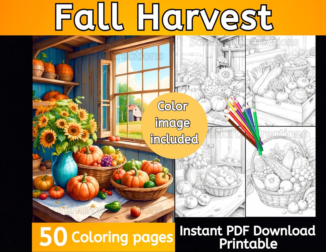 Fall Harvest Coloring Pages, 60 Pictures, Instant Download, Printable ...