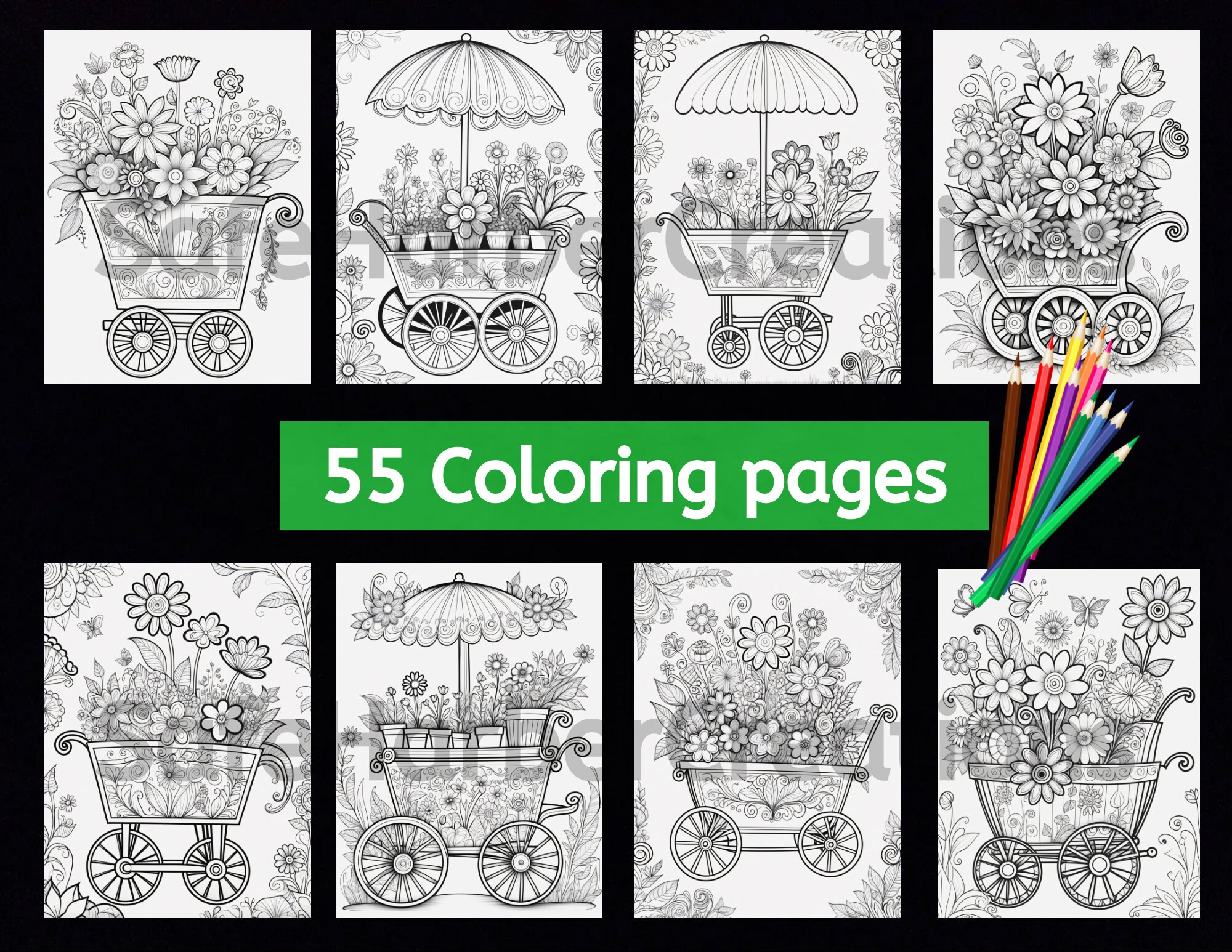 Flower Carts Coloring Pages, 55 Beautiful Flower Carts, Instant ...