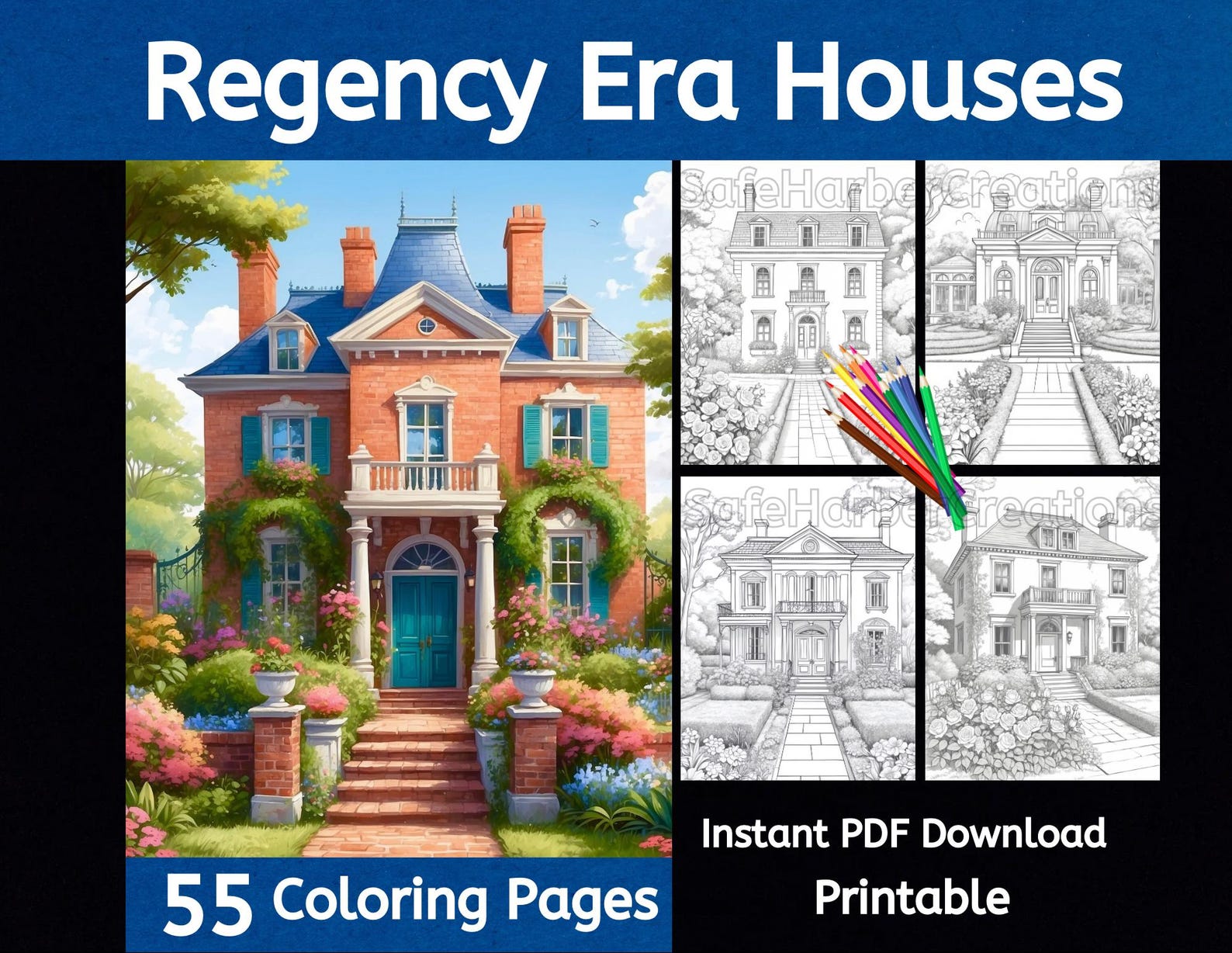 Regency Era Houses Coloring Pages , 55 Coloring Images. Instant ...