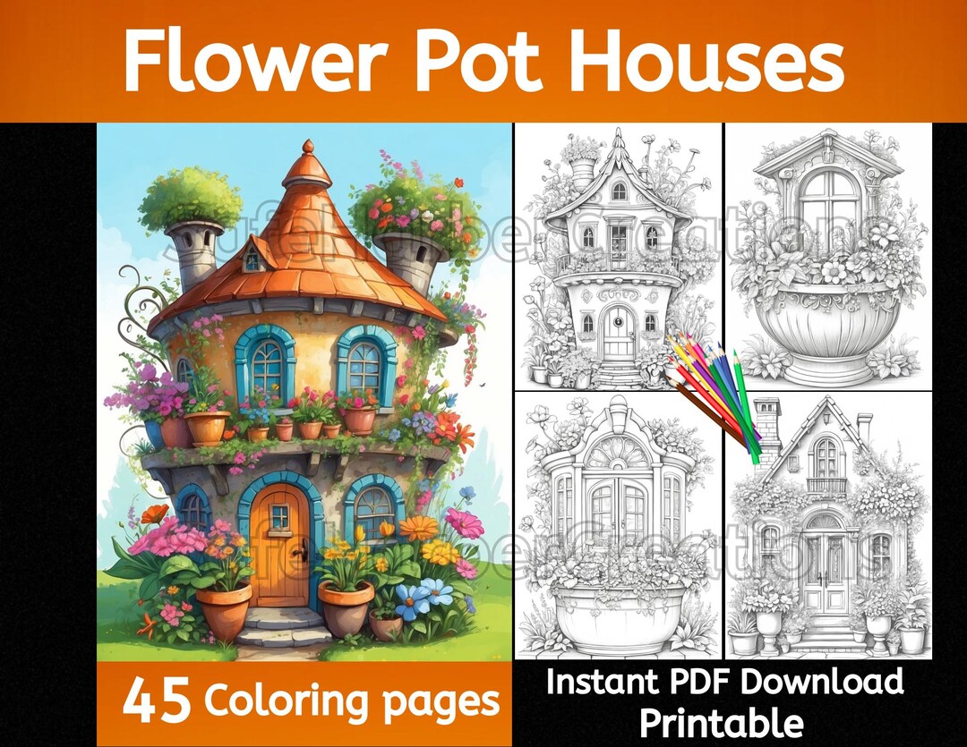 Flower Pot Houses Coloring Pages, Instant Download, Printable, Flower ...