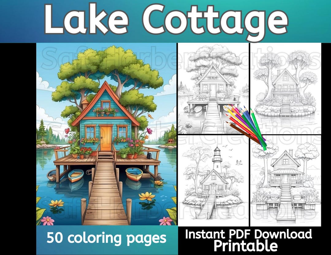 Lake Cottage Coloring Pages, 50 Whimsical Pages, Lake House Coloring ...