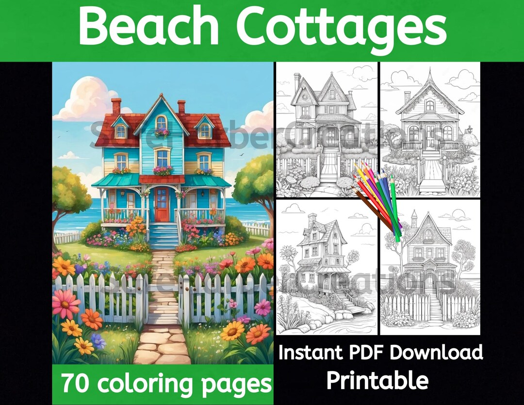Beach Cottage Coloring Pages, 70 Pages, Instant Download, Printable ...