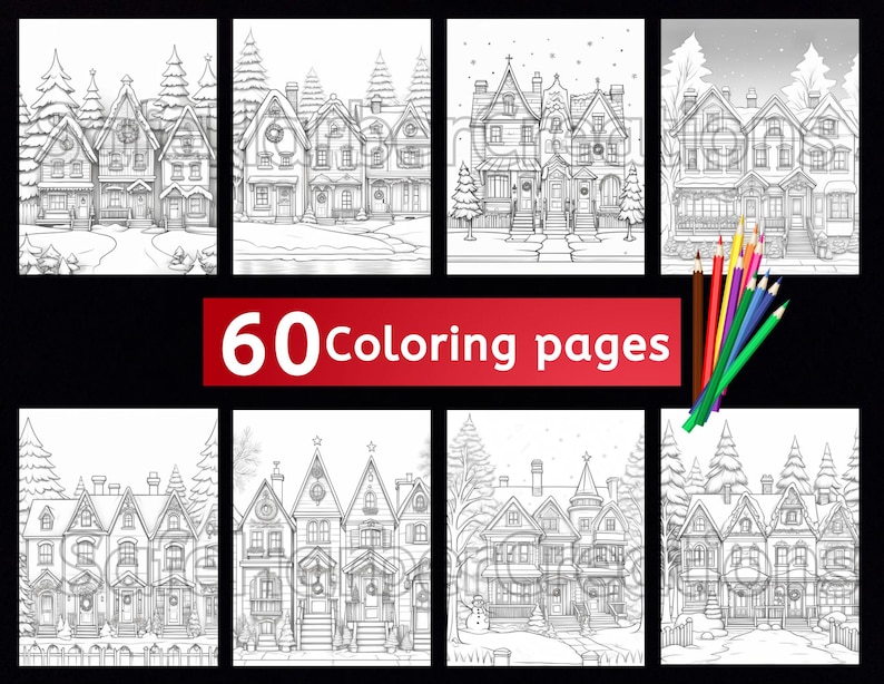 Whimsical Christmas Houses Coloring Pages, 60 Pictures to Instantly ...