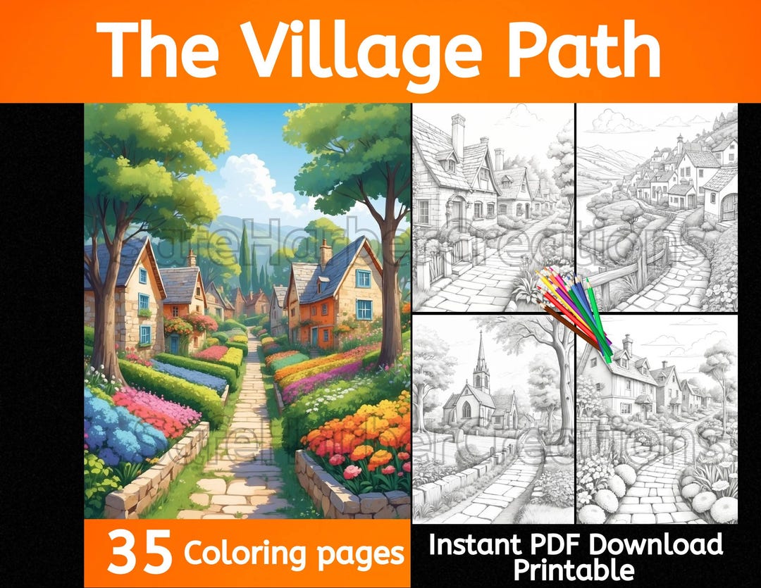 The Village Path Coloring Pages, Instant Download, Printable, Cottage ...