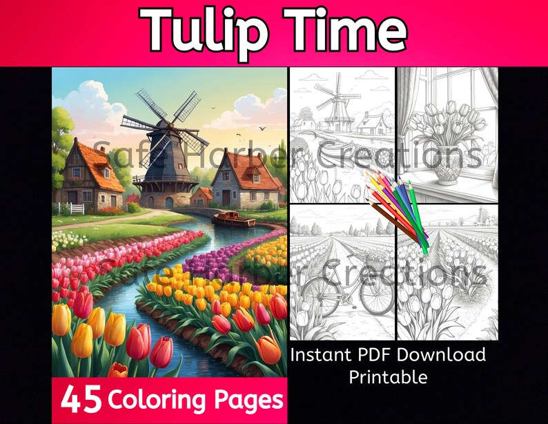 Tulip Time Coloring Pages, 45 Unique Images, Instant Download ...