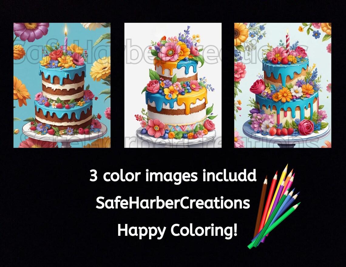 Flower Cakes Coloring Pages, 40 Pictures, Instant Download, Printable ...