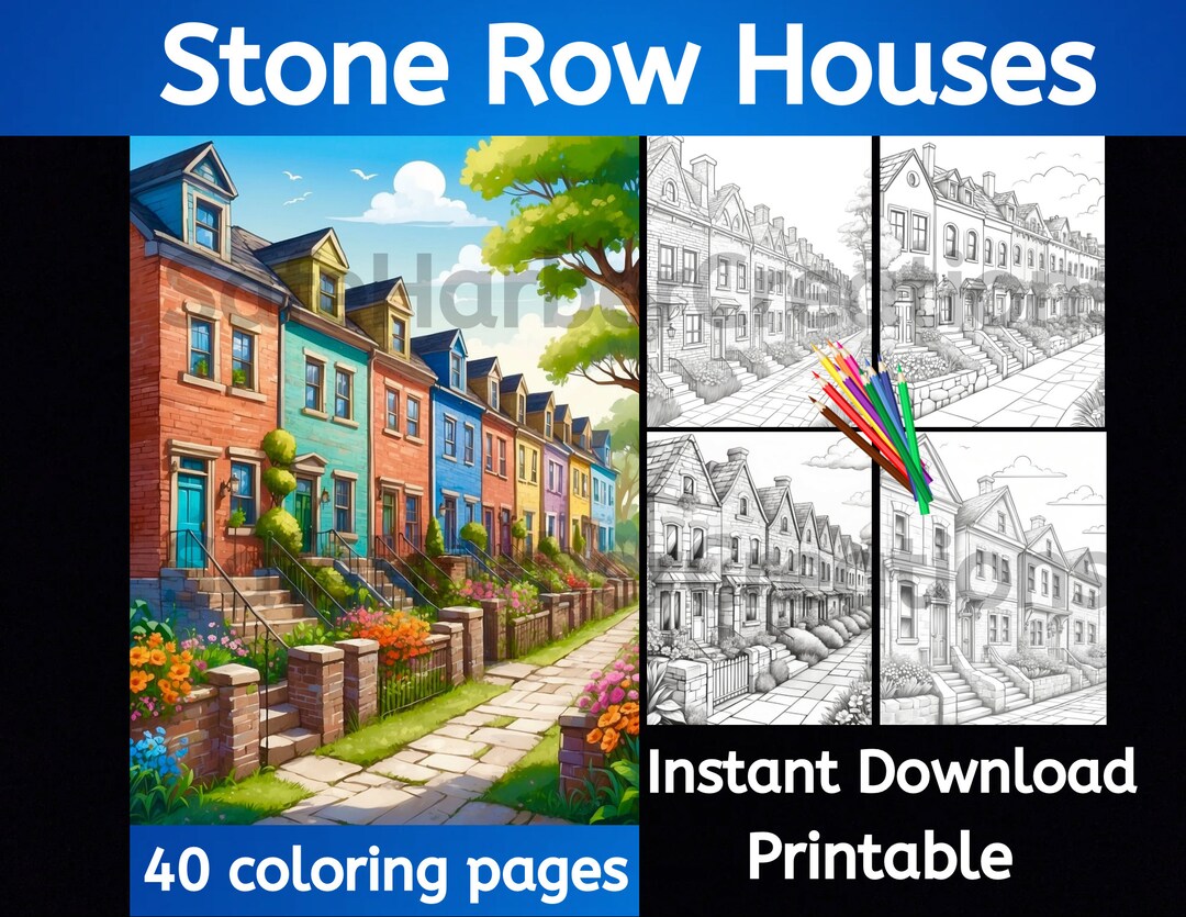 Stone Row Houses Coloring Pages, 40 Pages, Instant Pdf Download ...