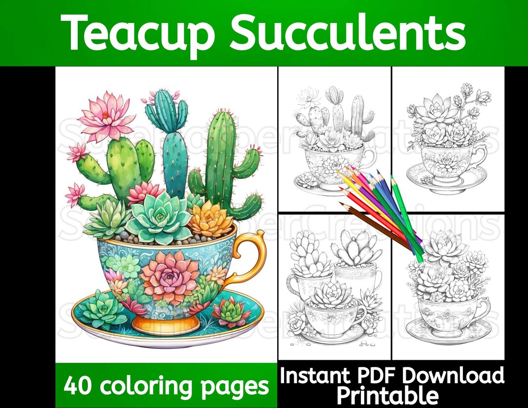 Teacup Succulents Coloring Pages, Cactus Coloring, Succulents Coloring ...
