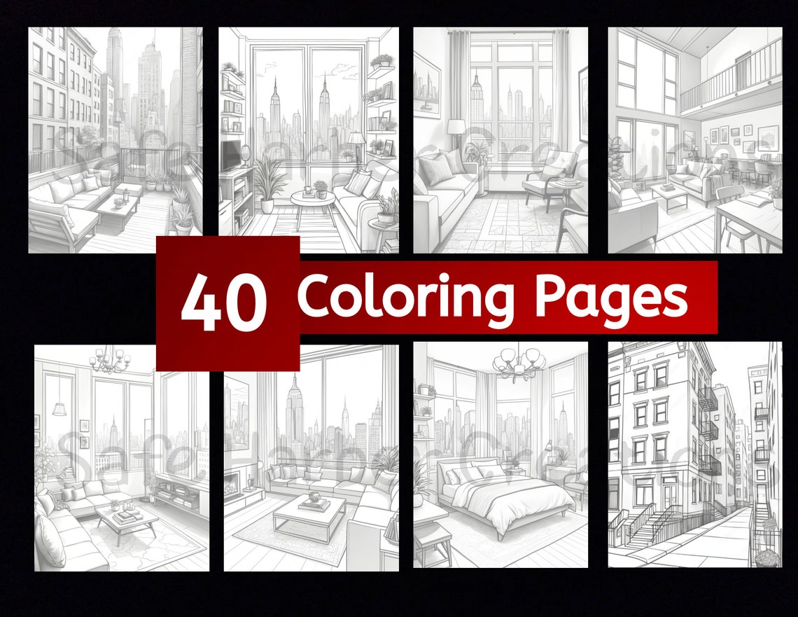 New York Apartments Coloring Pages, 40 Images, Instant Download ...
