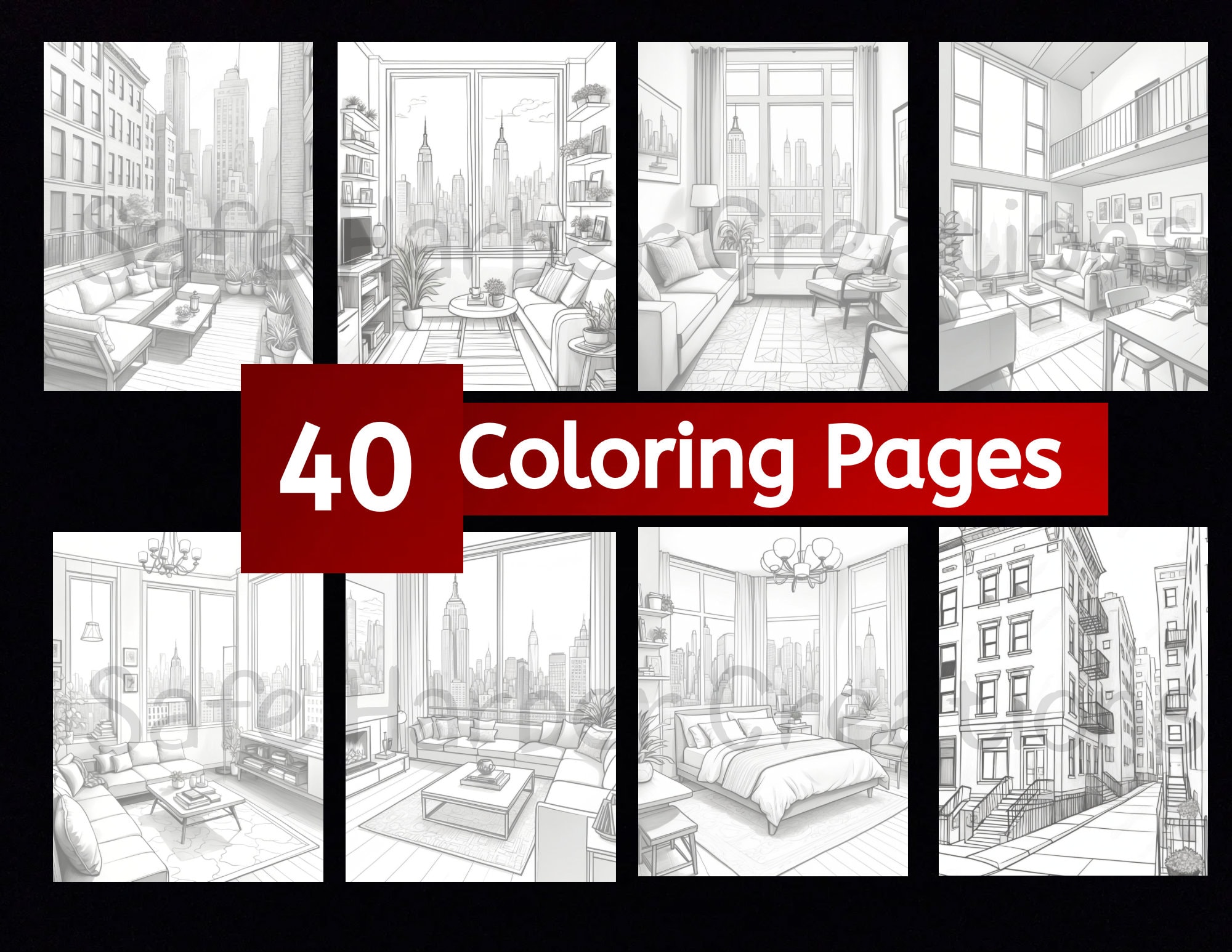 New York Apartments Coloring Pages, 40 Images, Instant Download ...
