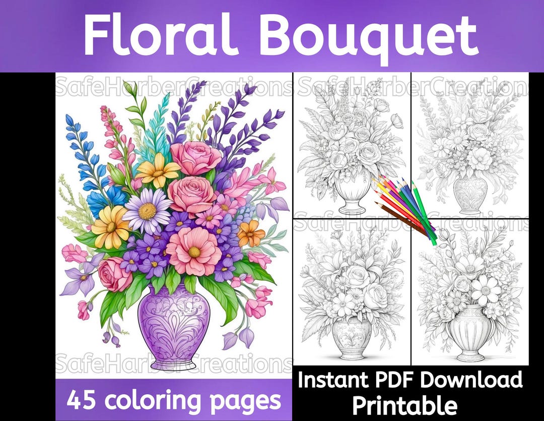 Floral Bouquet Coloring Pages, 45 Beautiful Pages, Instant Pdf Download ...
