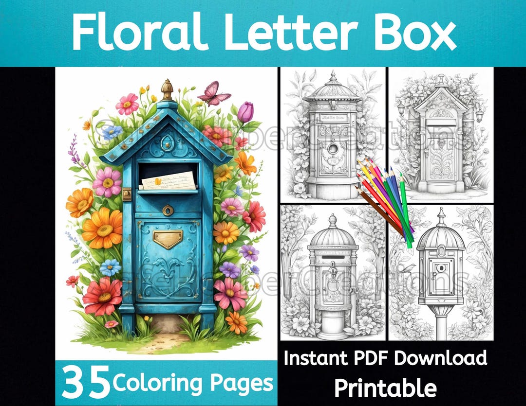 Floral Letter Box Coloring Pages, Instant Download, Printable, Vintage ...