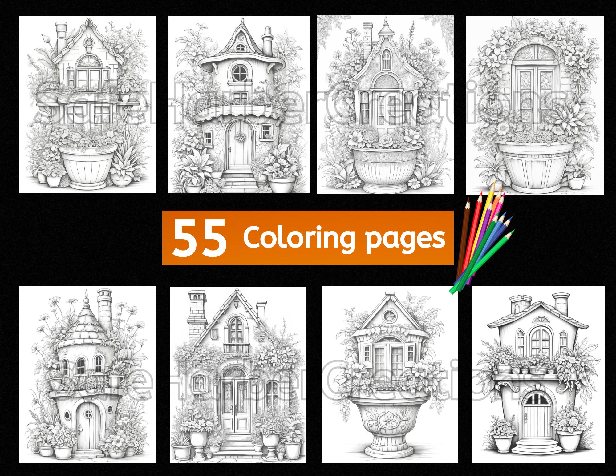 Flower Pot Houses Coloring Pages, Instant Download, Printable, Flower ...
