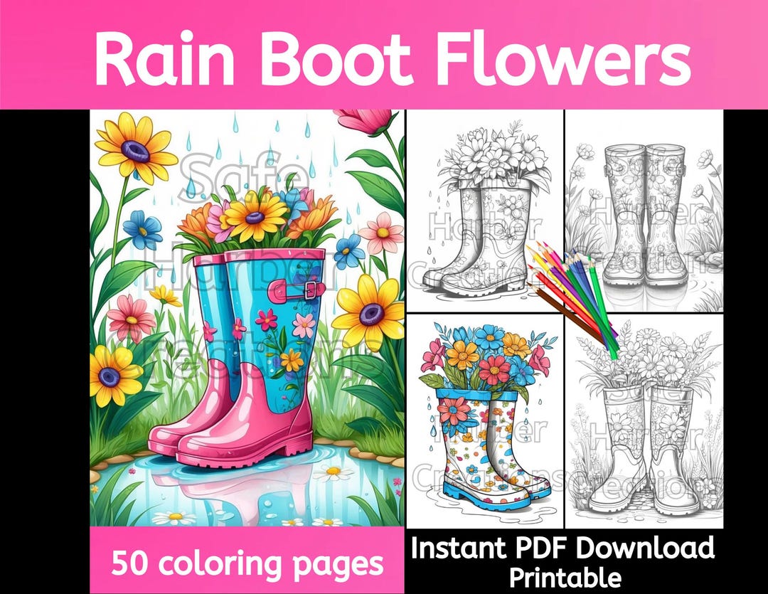 Rain Boot Flowers, 50 Coloring Pages, Instant Download, Printable ...