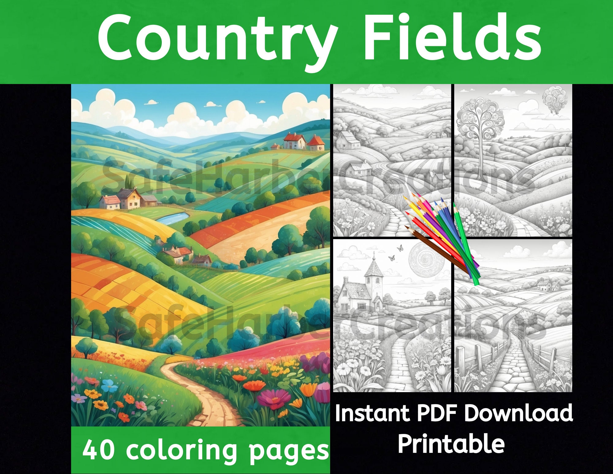 Country Fields Coloring Pages, 40 Pages, Instant Pdf Download ...