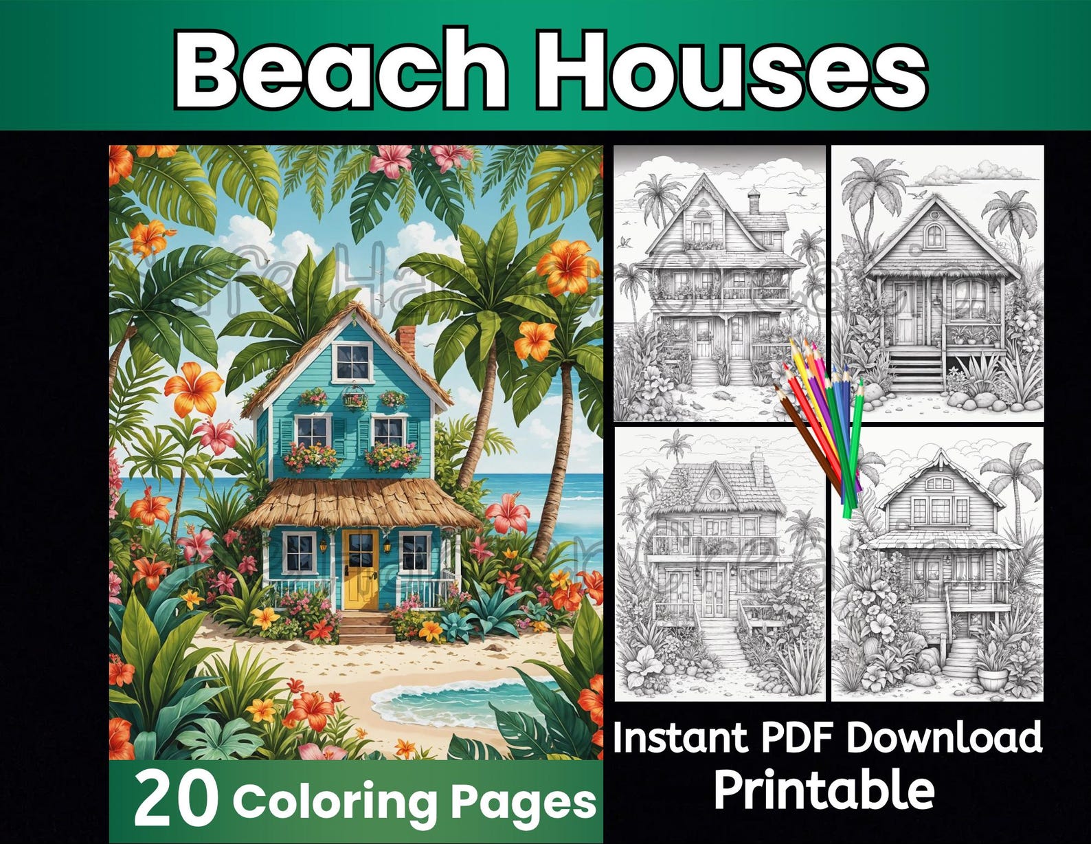 Tropical Beach House Coloring Pages, 20 Images, Instant Download ...