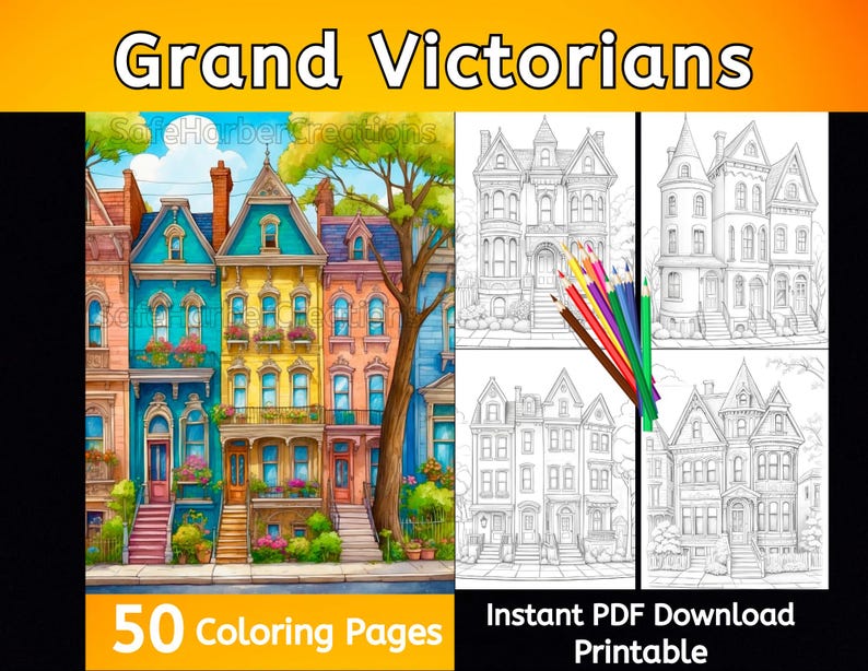 Grand Victorian Townhouse Coloring Pages, 50 Images, Instant Pdf ...